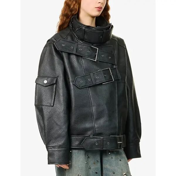 JADED LONDON Haden Belted Funnel-neck Faux Leather Jacket