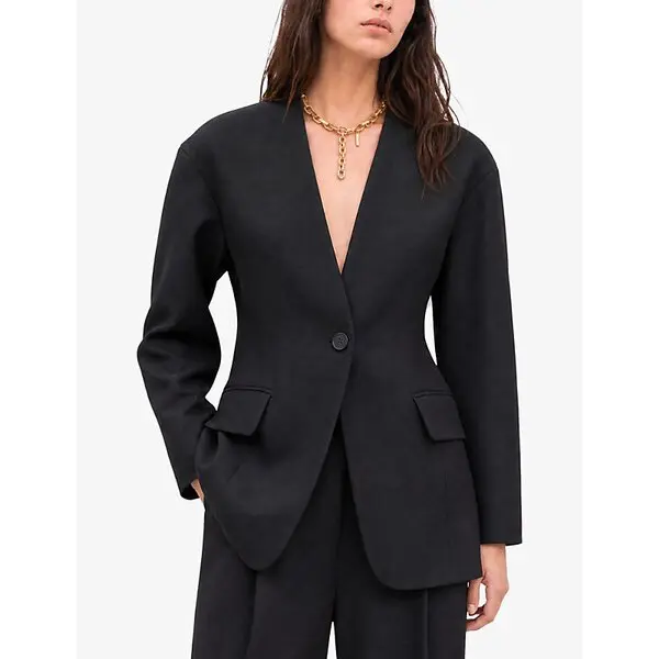 The Kooples Collarless Hourglass-fit Stretch Wool-blend Blazer