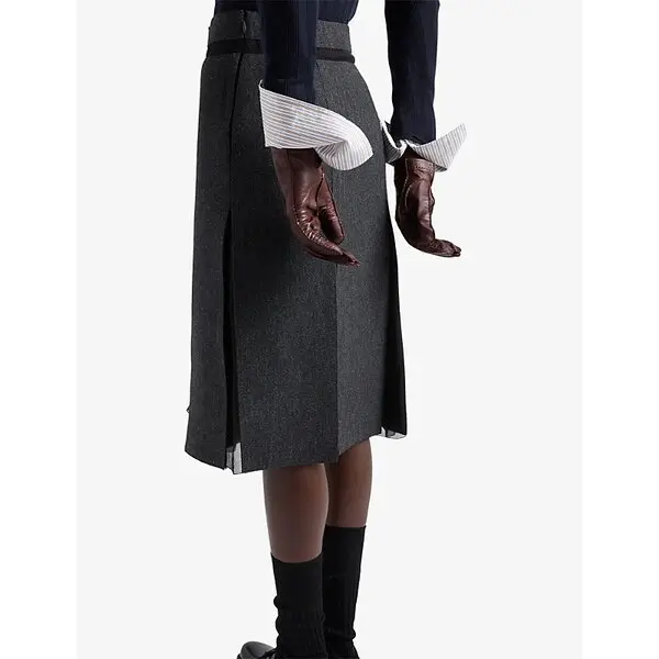Prada Pleated Chiffon-insert Wool Midi Skirt