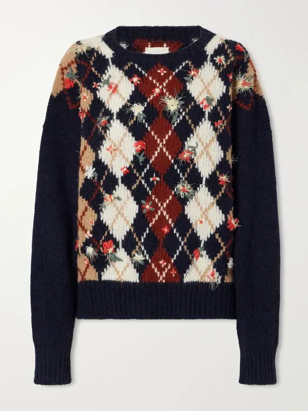 Khaite Timi Checked Embroidered Cashmere And Mohair-blend Sweater