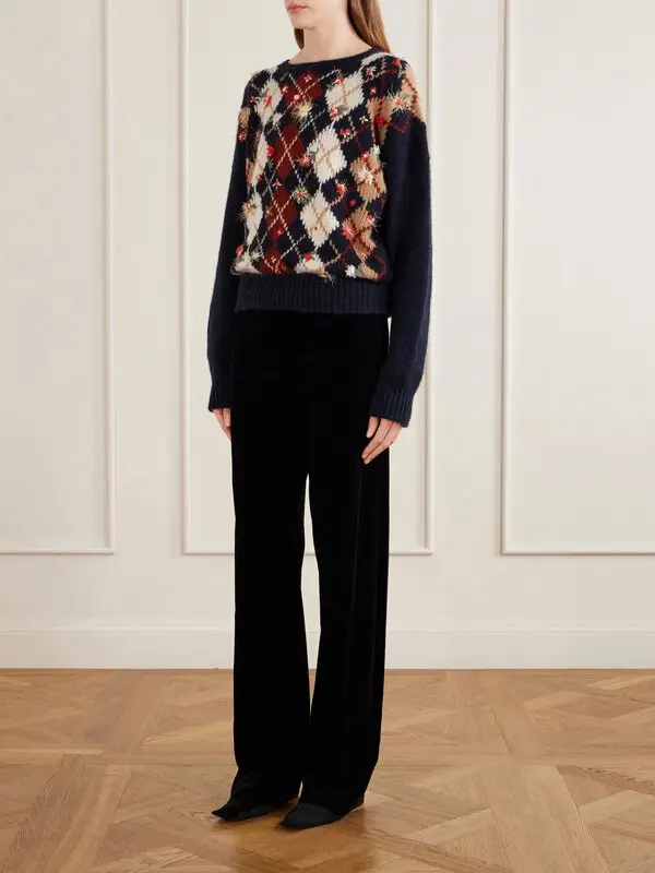 Khaite Timi Checked Embroidered Cashmere And Mohair-blend Sweater