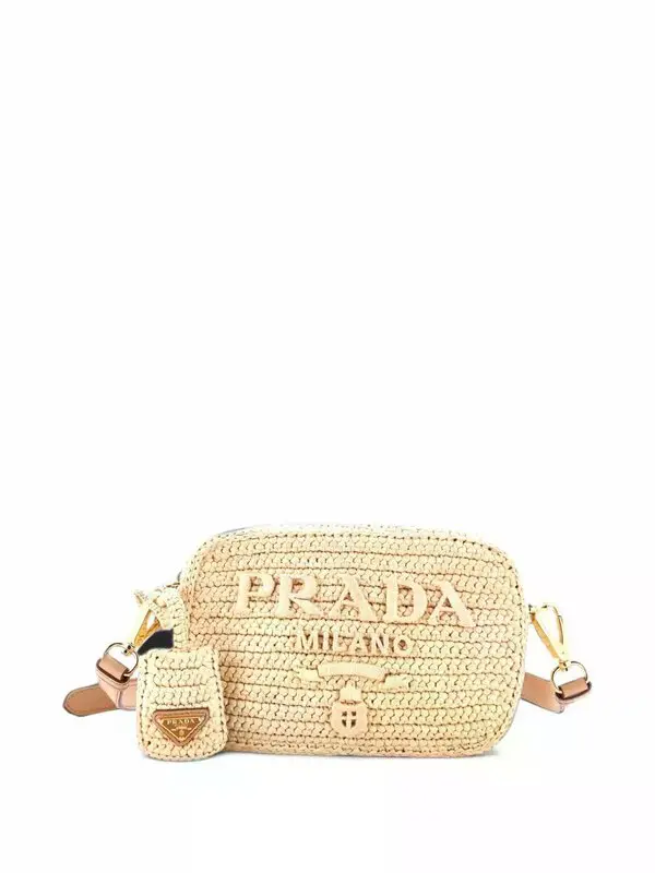 Prada Logo Camera Bag Raffia And Leather Small Shoulder Bag