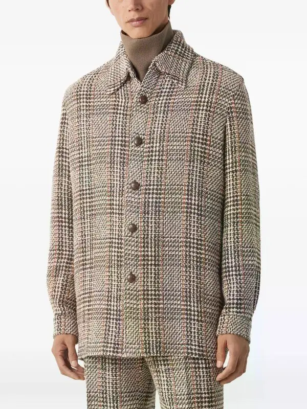 Zegna Beige Olive Green And Reddish Brown Wool And Paper Yarn Blend Shirt