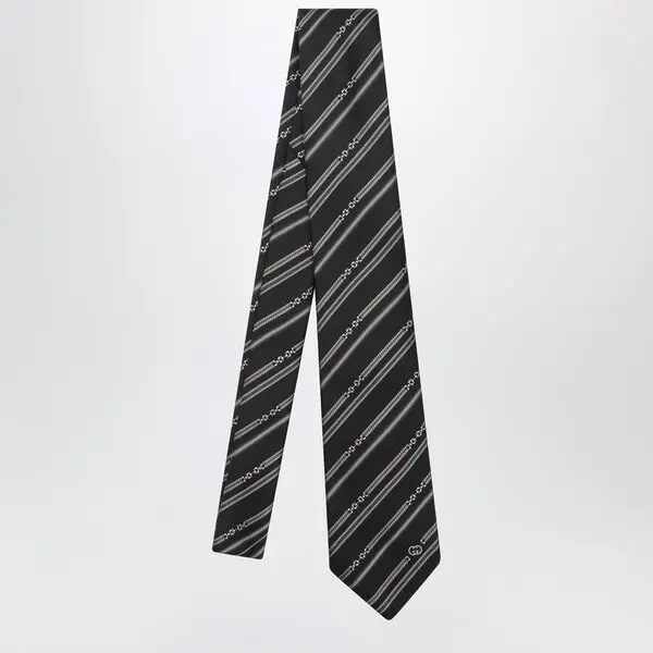 Gucci Black/light Grey Silk Tie With Horsebit And Interlocking Gg