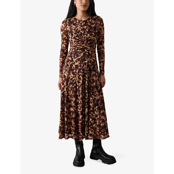 Whistles Abstract Animal Long-sleeve Stretch-mesh Midi Dress