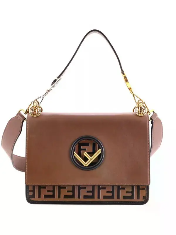 Fendi Kan I F Leather With Zucca Embossed Detail Medium Shoulder Bag - Brown