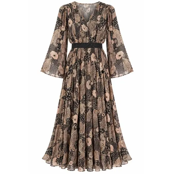 TRAFFIC PEOPLE Faded Glory Black Pink Paisley Print Circe Long Sleeve Maxi Dress - Black/pink