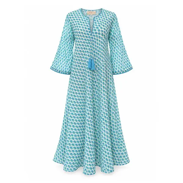 KAMINEE Aqua Floral Cotton Crepe Kaftan Dress - Blue