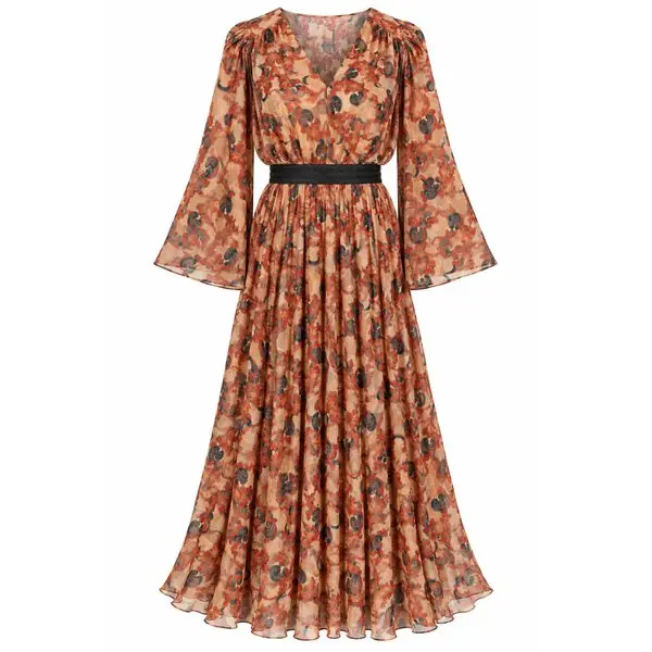 TRAFFIC PEOPLE Autumn's Blessing Brown Red Print Circe Long Sleeve Maxi Dress - Brown/red