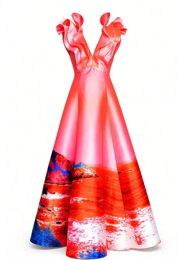MAXJENNY Butterfly Evening Dress Red Blue Landscape - Pink