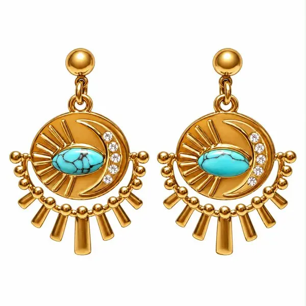 BY OZGE Celestial Harmony Turquoise Sun & Moon Gold-tone Steel Drop Earrings Turquoise - Blue/gold