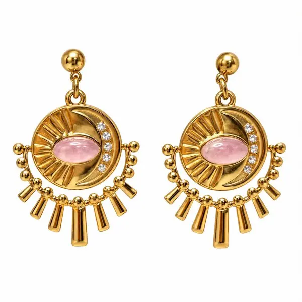 BY OZGE Celestial Love Rose Quartz-effect Sun & Moon Gold-tone Steel Drop Earrings - Pink