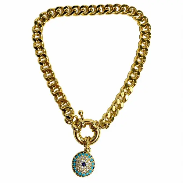 BY OZGE Mystic Protection Turquoise Crystal Evil Eye Gold Tone Chunky Chain Bracelet Gold - Gold/blue