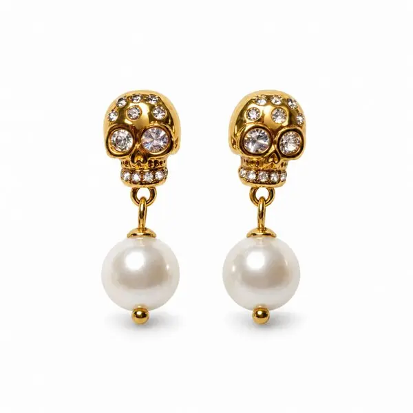 JAGGED HALO JEWELRY Meto Skull & Pearl Drop Earrings Stainless Steel Yellow Plated - Gold
