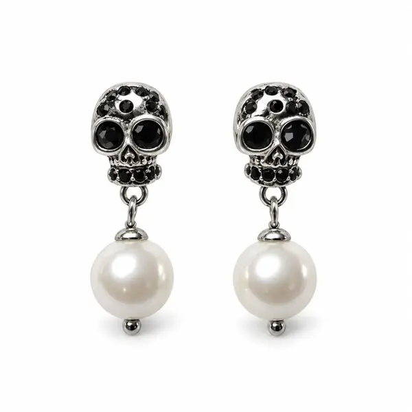 JAGGED HALO JEWELRY Meto Skull & Pearl Drop Earrings Stainless Steel White Gold Plated - Silver