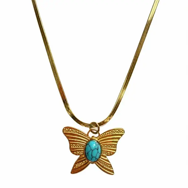 BY OZGE Turquoise Transformation Butterfly Gold Plated Steel Herringbone Necklace Blue - Blue/gold