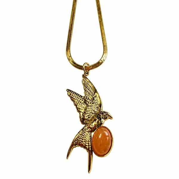 BY OZGE Messenger Of Hope Carnelian Effect Swallow Gold Plated Stainless Steel Necklace Orange - Gold/orange