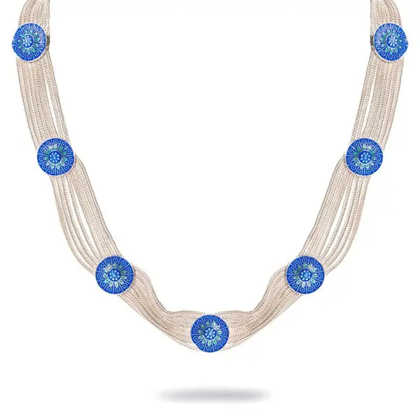 EBRU JEWELRY Vintage Style Cobalt Bloom Enamel Woven Silver Choker Necklace Blue - Silver/blue