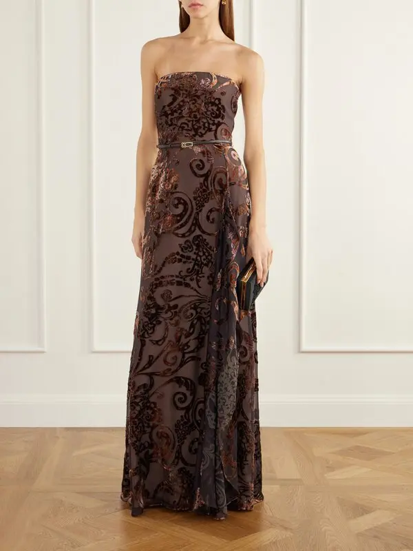 Elie Saab Strapless Belted Devoré Silk-blend Velvet Gown