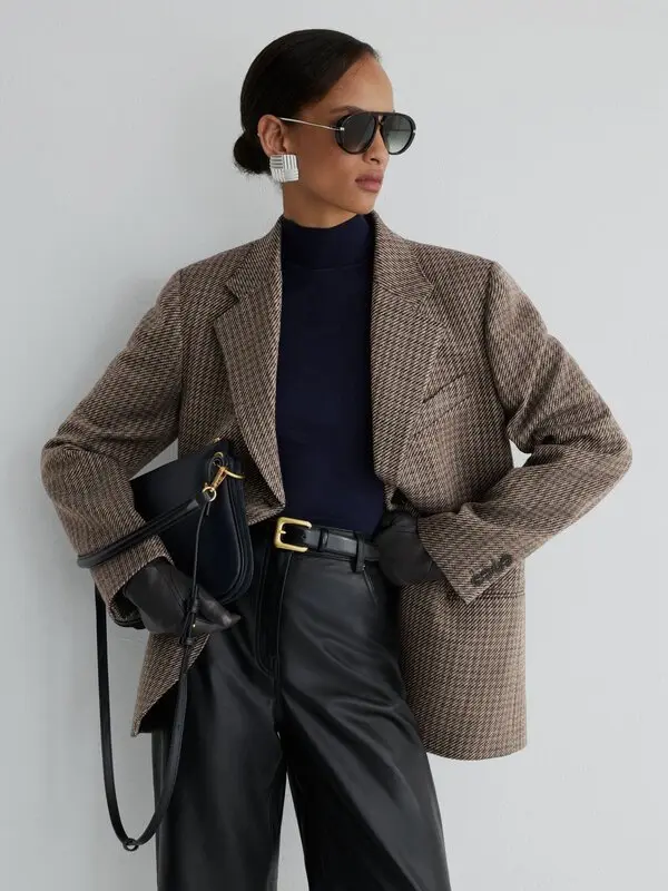 ATELIER Wool Cotton Check Single Breasted Relaxed Fit Blazer