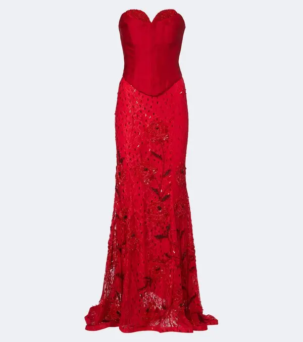 LA FUORI Embellished Lace Bustier Gown - Red