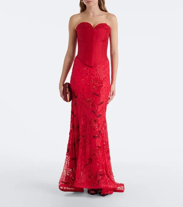 LA FUORI Embellished Lace Bustier Gown