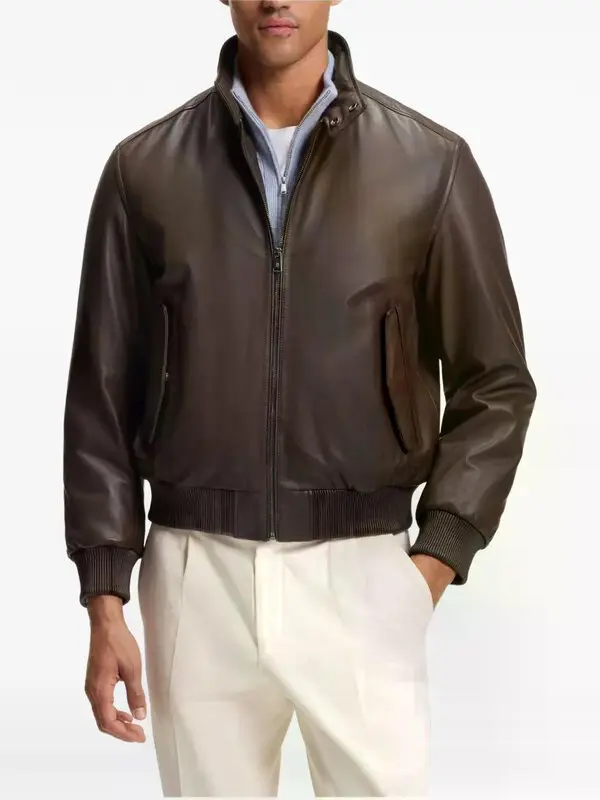 BOSS Padded Leather Jacket With Stand Collar
