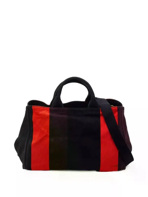 Prada Large Canapa Striped Tote Bag - Black