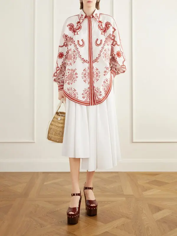 ALEMAIS Giddy Scalloped Embroidered Printed Cotton-poplin Shirt