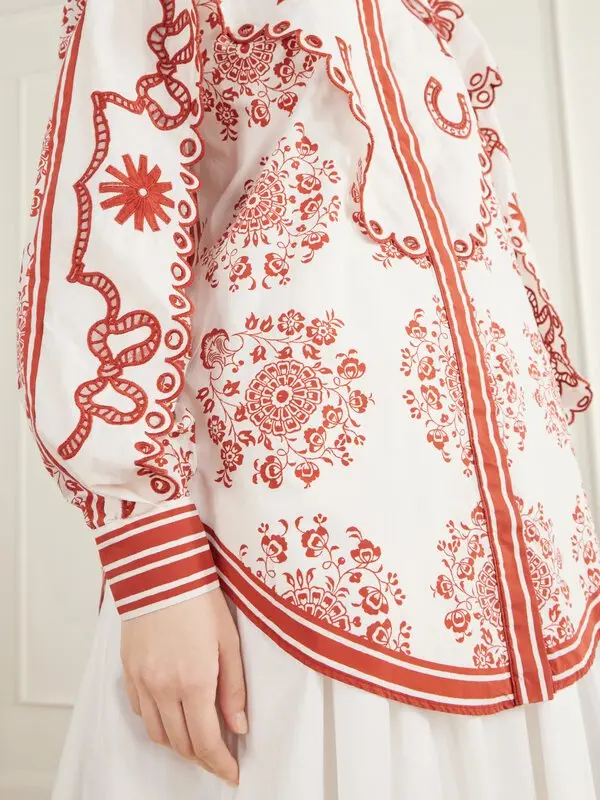 ALEMAIS Giddy Scalloped Embroidered Printed Cotton-poplin Shirt