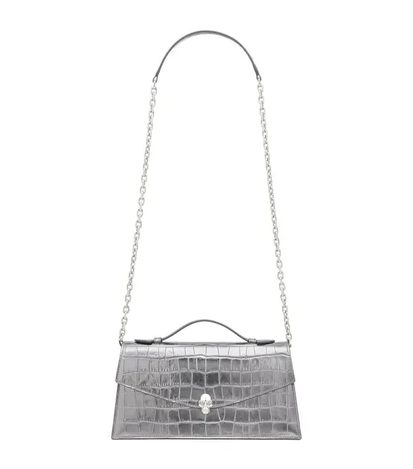 Alexander McQueen Croc-embossed Metallic Leather Skull Shoulder Bag - Silver
