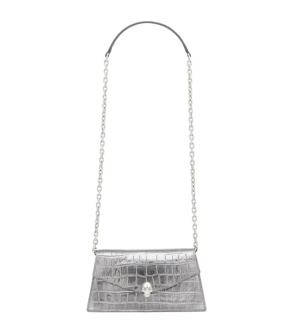 Alexander McQueen Mini Croc-embossed Metallic Leather Skull Shoulder Bag - Silver