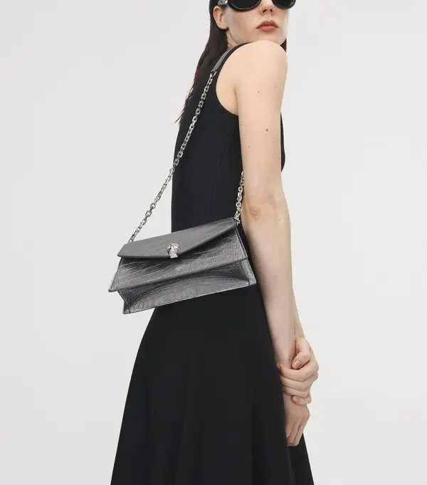 Alexander McQueen Mini Croc-embossed Metallic Leather Skull Shoulder Bag