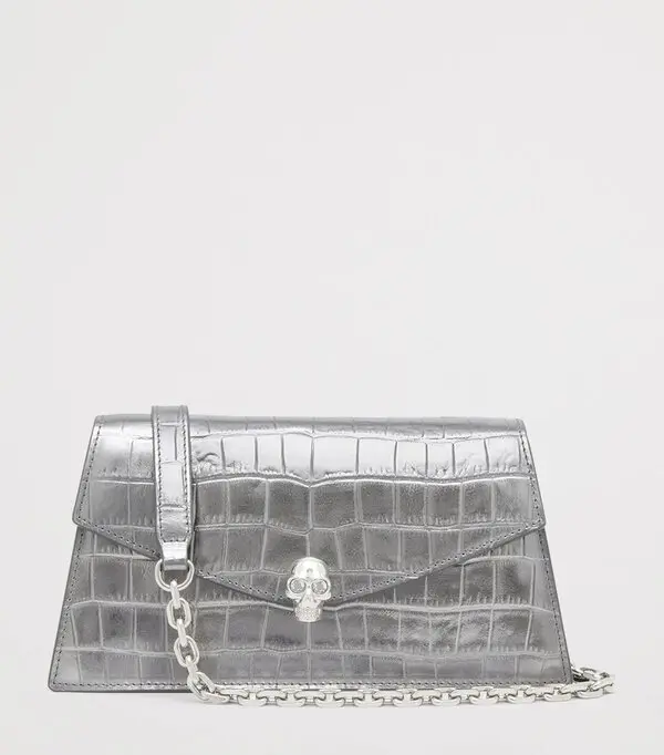 Alexander McQueen Mini Croc-embossed Metallic Leather Skull Shoulder Bag