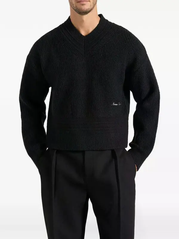 Manière De Voir Remi In Signature Ribbed Wool-blend V-neck Sweater - Black