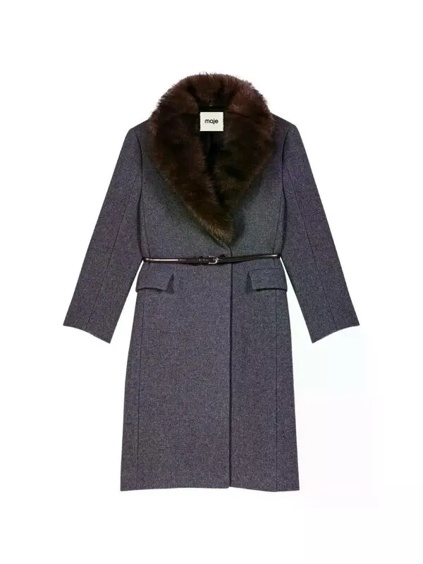 Maje Belted Faux-fur Collar Wool Coat - Grey