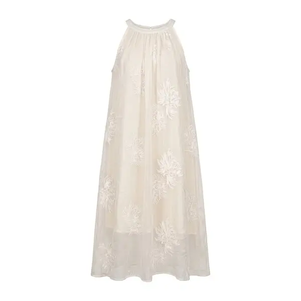 TANTRA SPAIN SL Neutrals Layered, Embroidered Maxi Dress With A Halter Neckline And Pockets Ecru - Beige
