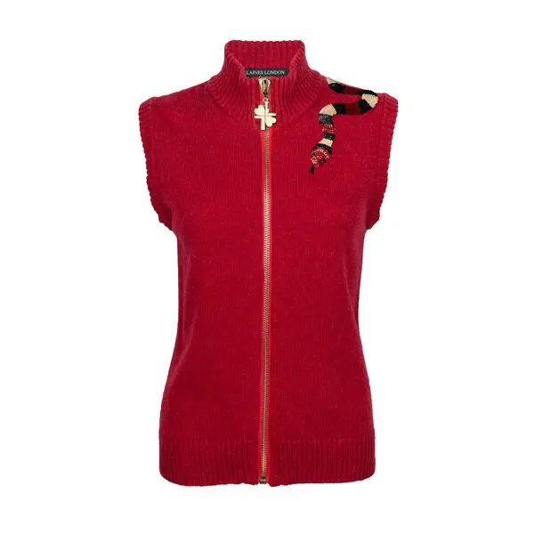 LAINES LONDON Cashmere-wool Gilet With Hand-embellished Shoulder Snake - Red