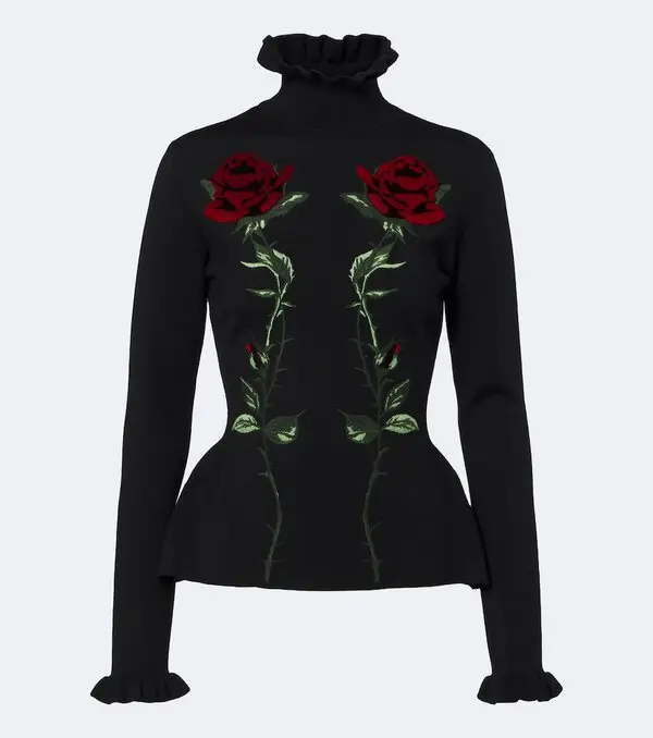 Blumarine Embroidered Ruffled Virgin Wool Sweater - Multicoloured