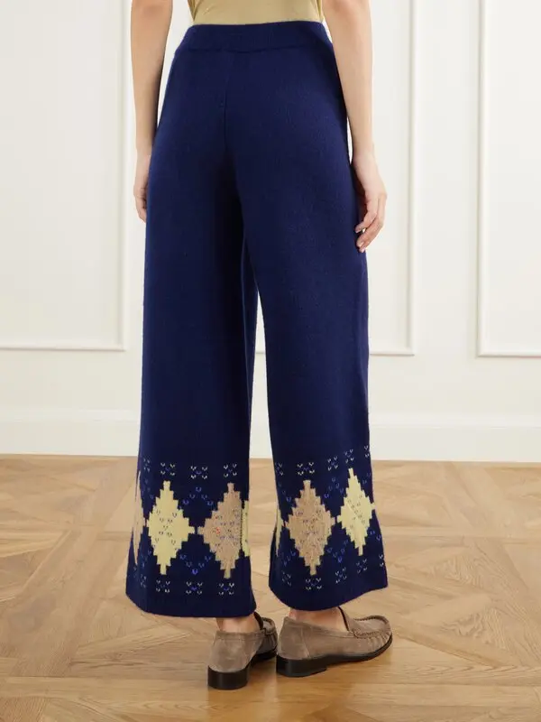 Calle Del Mar Argyle Cashmere Wide-leg Pants