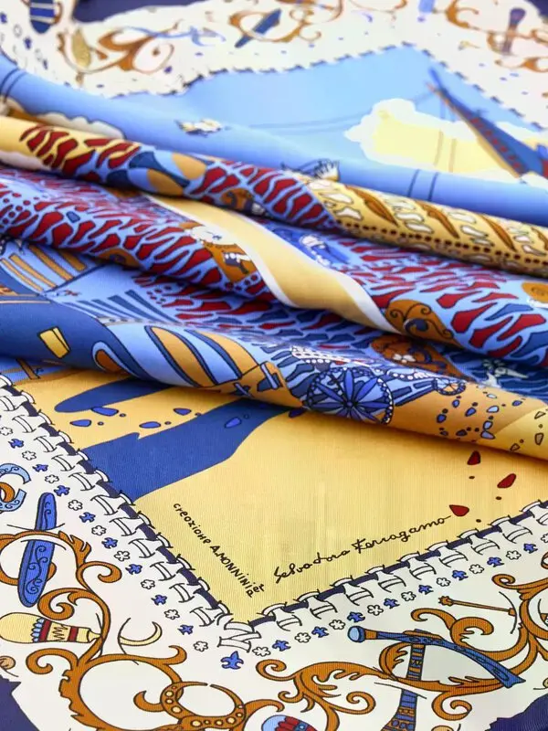 FERRAGAMO Palazzo Spini Feroni Print Silk Scarf - Blue