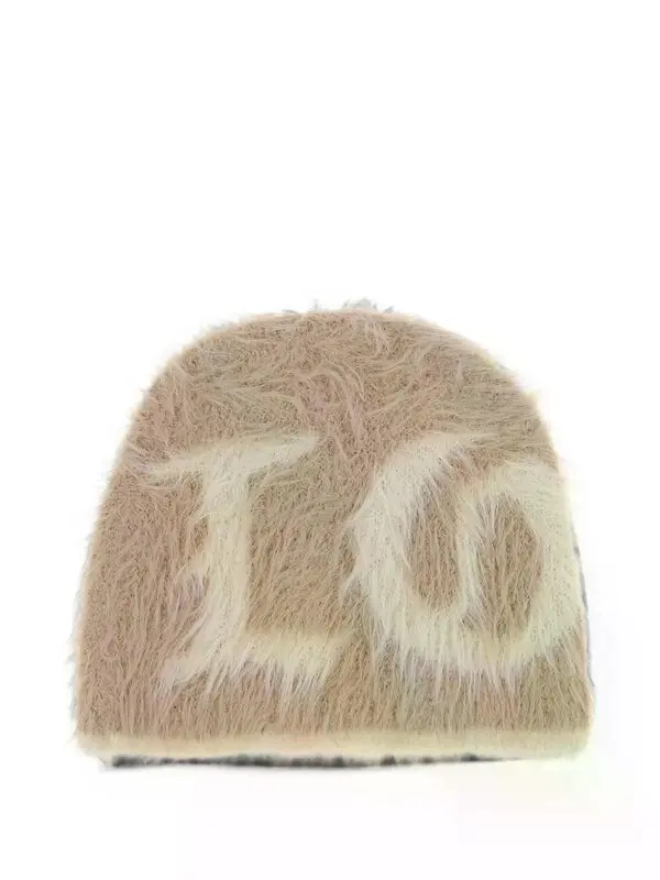 JUN/NAKAYAMA Slogan-print Faux-fur Beanie Hat - Neutrals