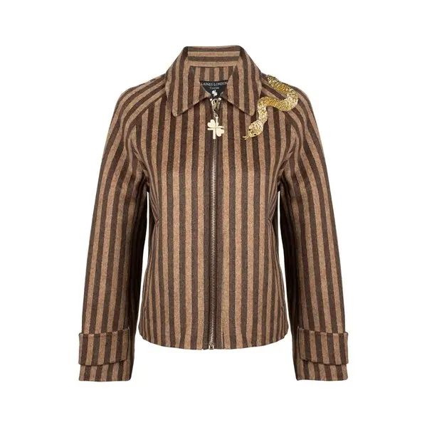 LAINES LONDON Neutrals Cashmere Blend Herringbone Jacket With Embellished Gold Shoulder Snake - Brown
