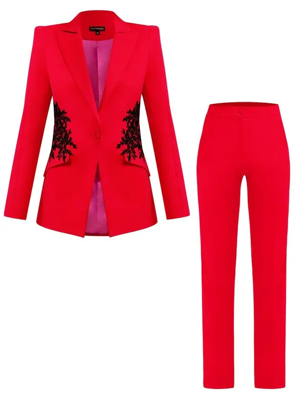 TIA DORRAINE Fantasy Tailored Suit With Embroidery – Red - Black/red