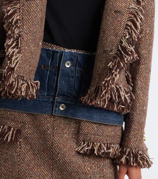 Sacai Fringed Tweed And Denim Jacket