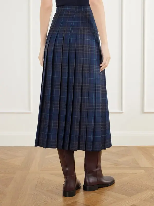 Burberry Elydia Belted Pleated Checked Wool-blend Twill Midi Skirt