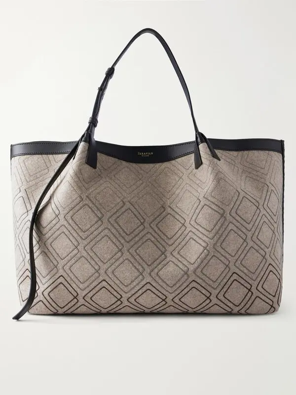 SERAPIAN Secret Embroidered Felted Leather-trimmed Wool Tote - Neutrals