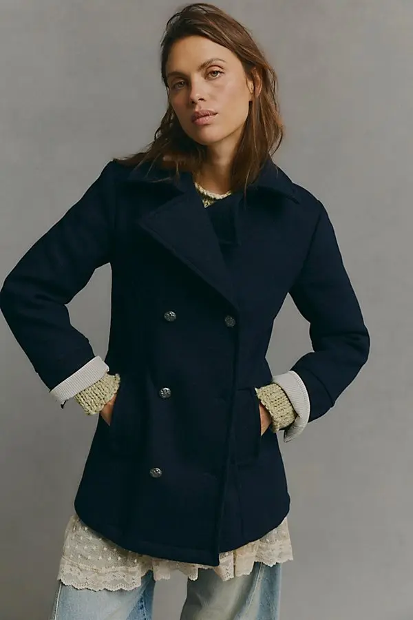 Free People Jorah Wool-blend Military Coat Jacket At - Navy