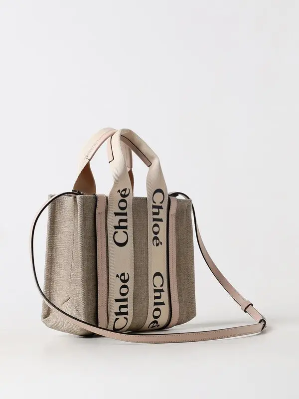 Chloé Woody Small Handbag In Linen And Cotton With Logo Print - Dove Grey