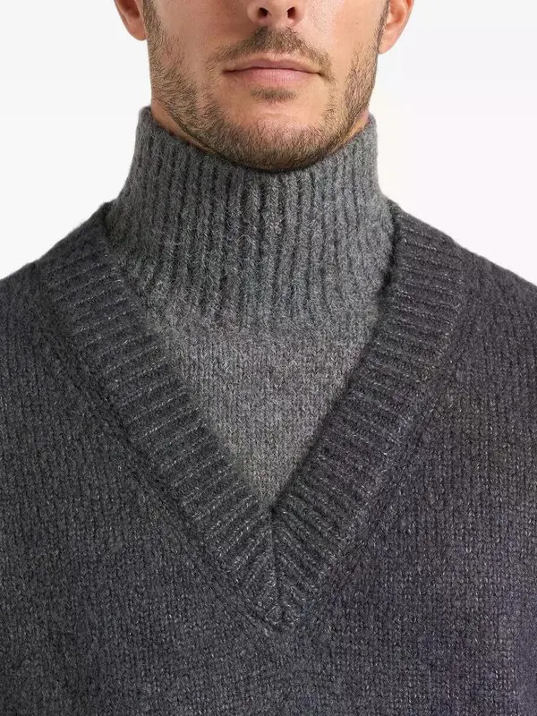 Manière De Voir Jacques In Charcoal Double-layer Wool-blend V-neck Knit Jumper